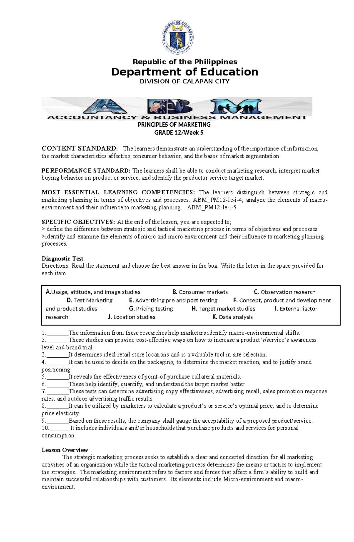 ABM PM SLM week5 - Reviewer - Republic of the Philippines Department of ...