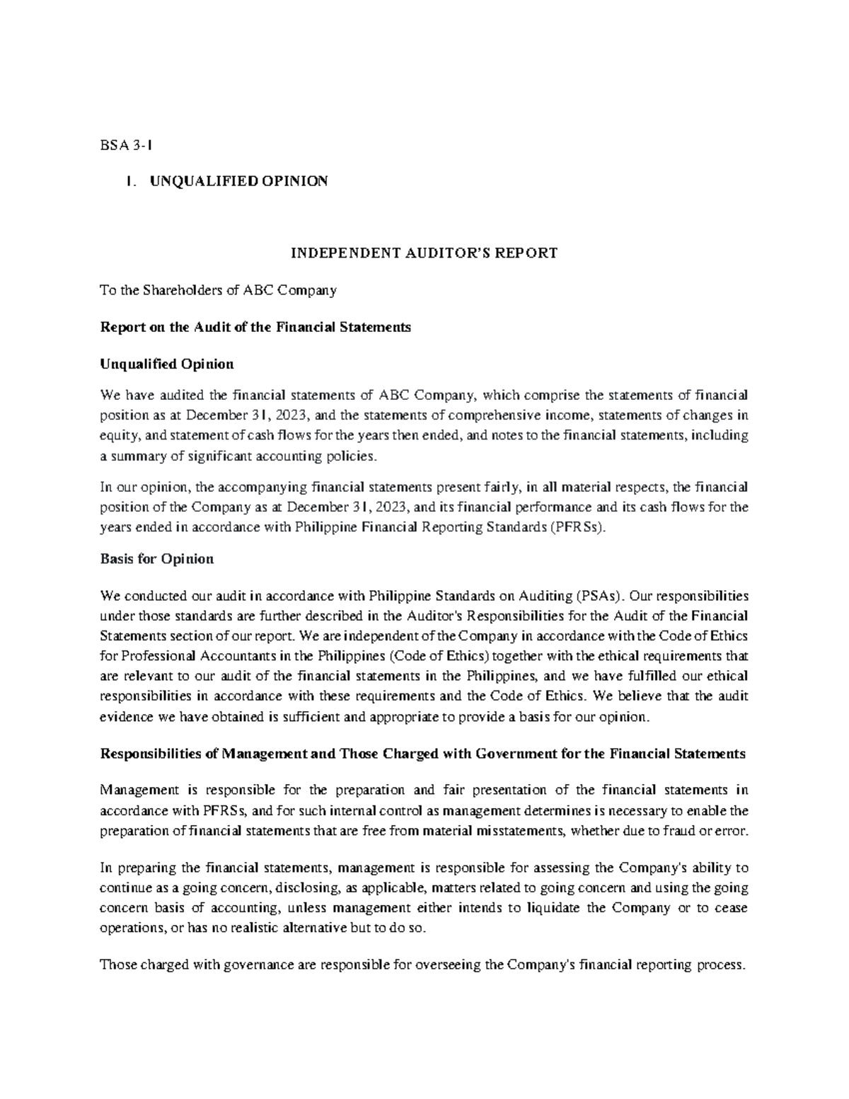Audit Opinion - BSA 3- 1 1. UNQUALIFIED OPINION INDEPENDENT AUDITOR’S ...