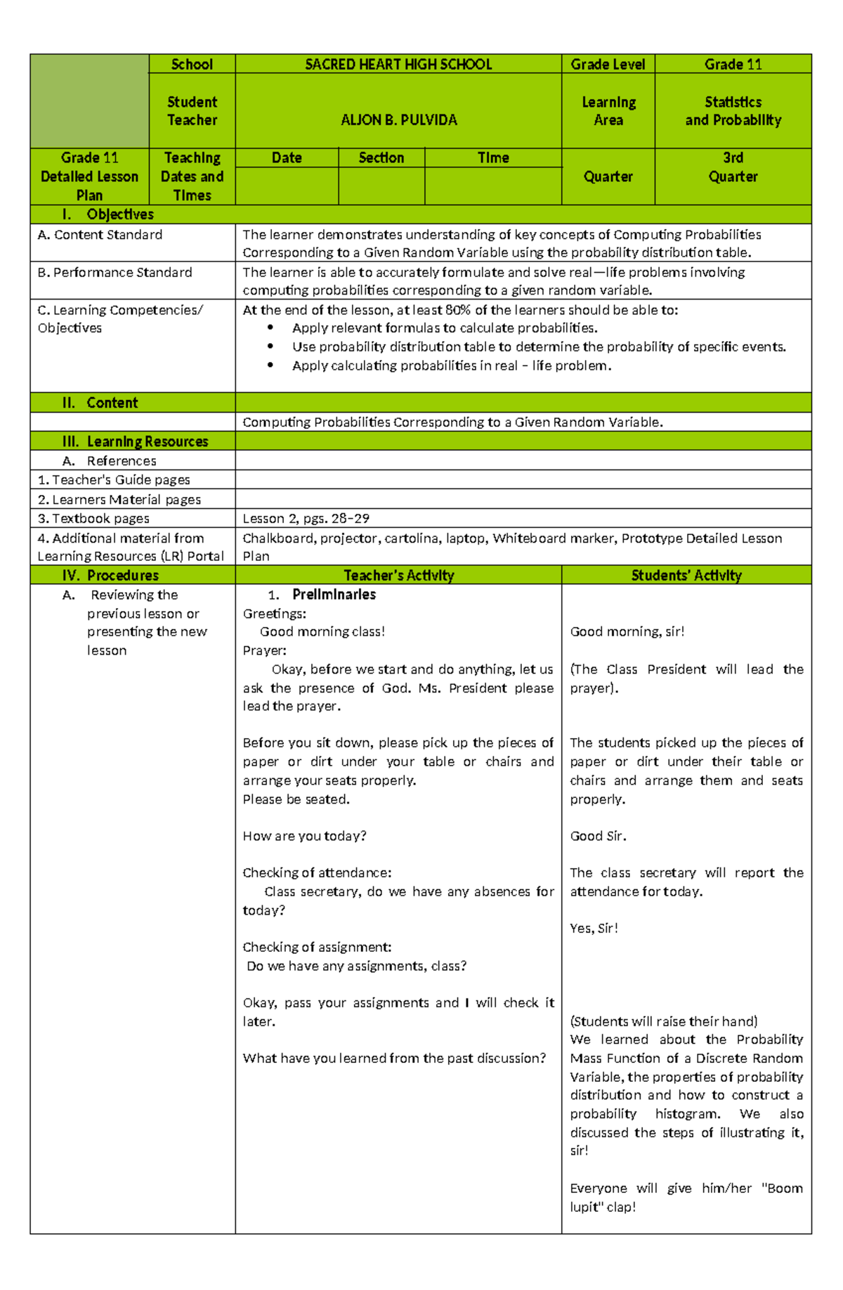 Grade 11 MATH 4B Detailed Lesson Plan: Computing Probabilities - Studocu