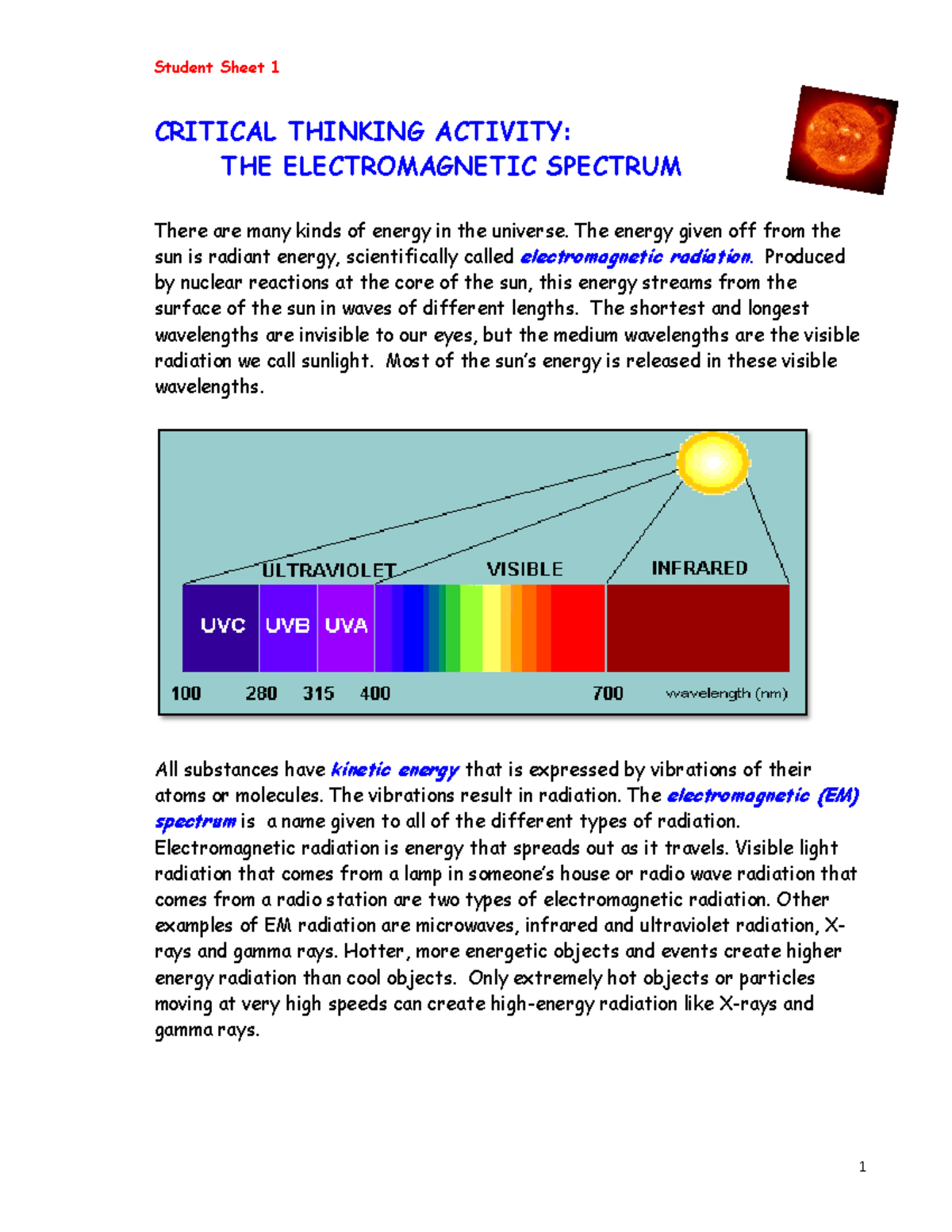 Electromagnetic Spectrum Learning Activity Sheet for Students - Studocu