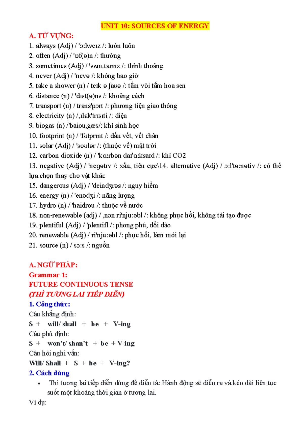 Unit 10: Sources of Energy - Vocabulary and Grammar Notes - Studocu