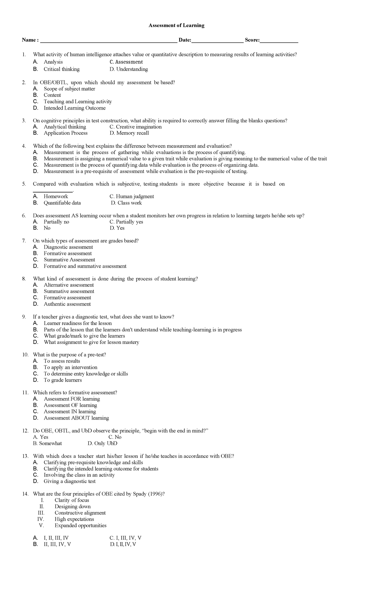 Assessment of Learning - Drill Questions for Evaluation - Studocu