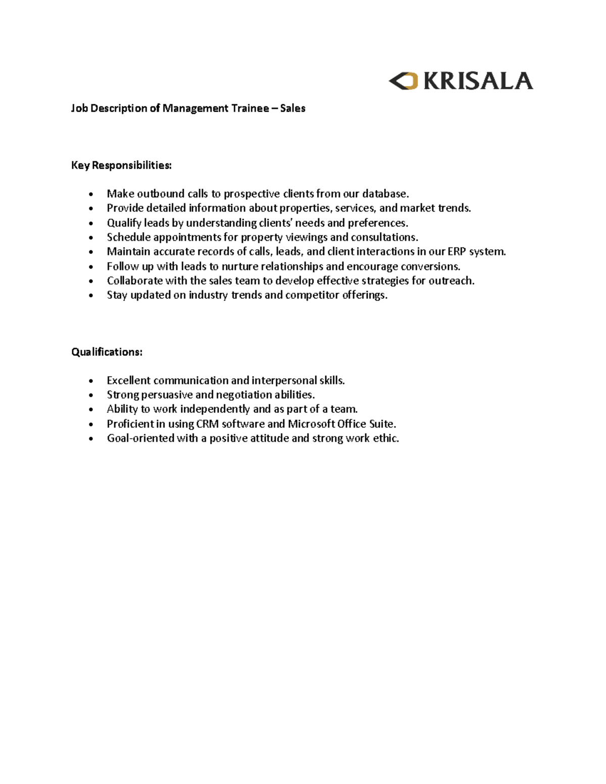 Job Description: Management Trainee - Sales Responsibilities & Skills ...