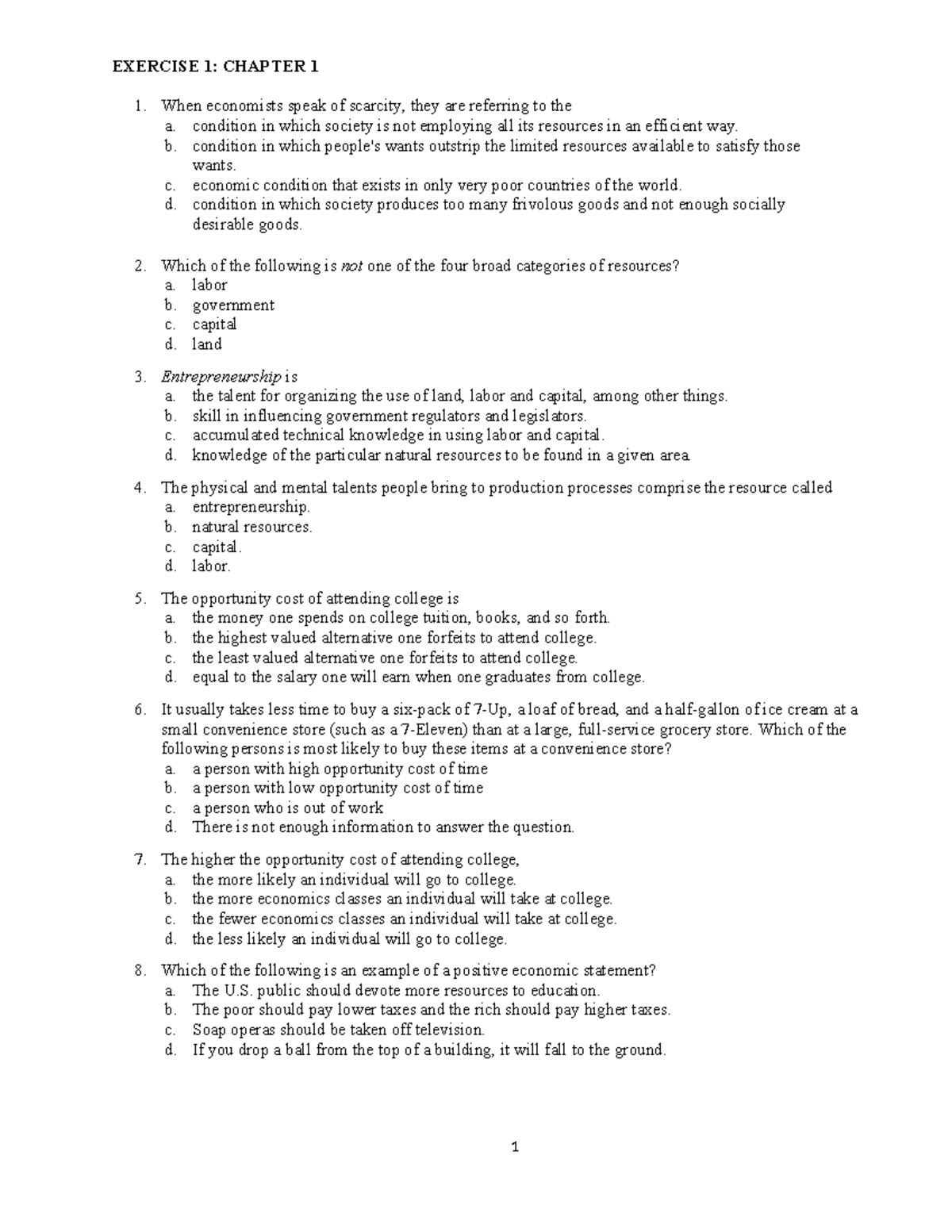Exercise 1: Chapter 1 - Understanding Scarcity and Economic Concepts ...