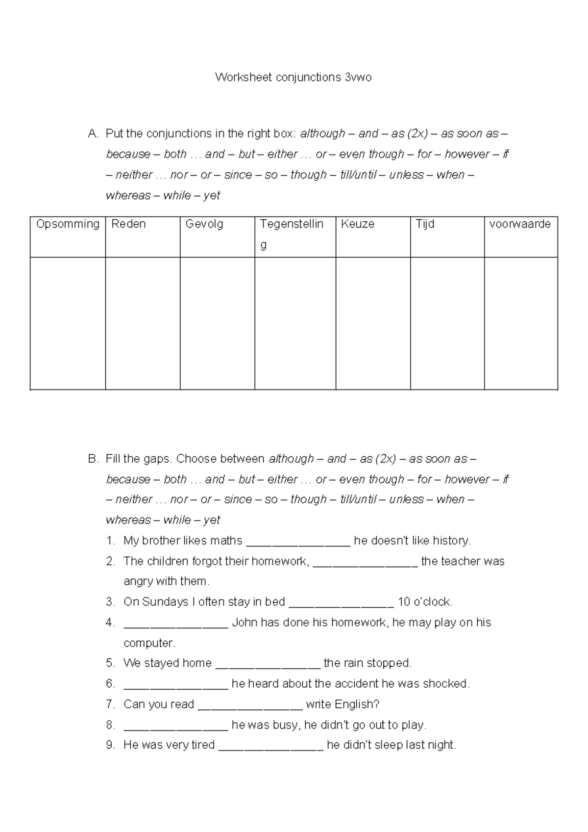 Worksheet: Conjunctions Practice 3VWO A - Studeersnel