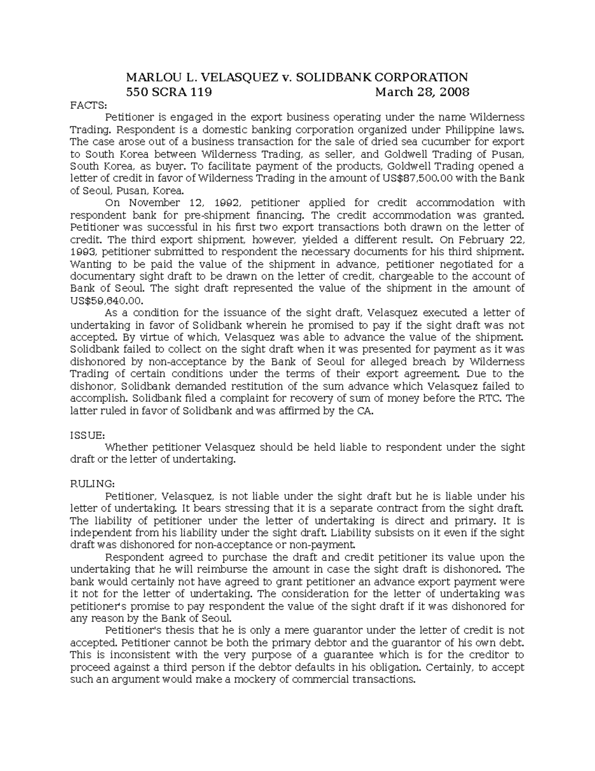 Case Study: Velasquez v. Solidbank Corp. 550 SCRA 119 (2008) - Studocu