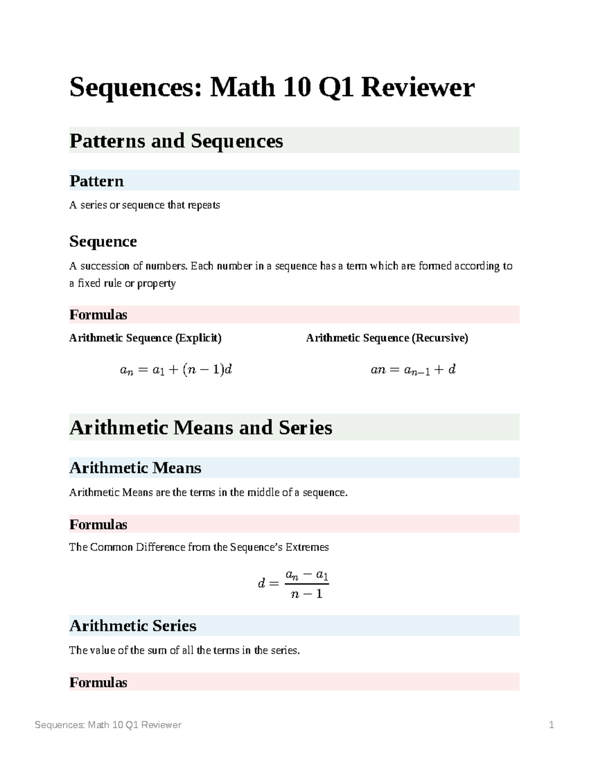 Math 10 Q1 Final Exam Review: Sequences and Series Notes - Studocu