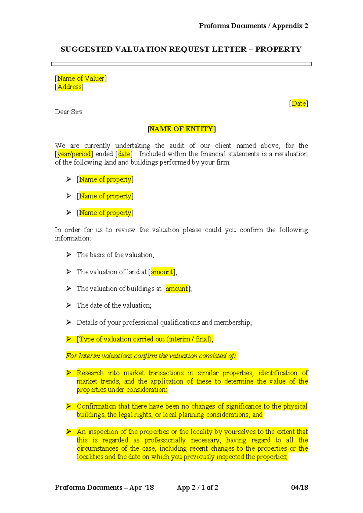Valuation Request Letter - Property Audit Guidelines - Studocu