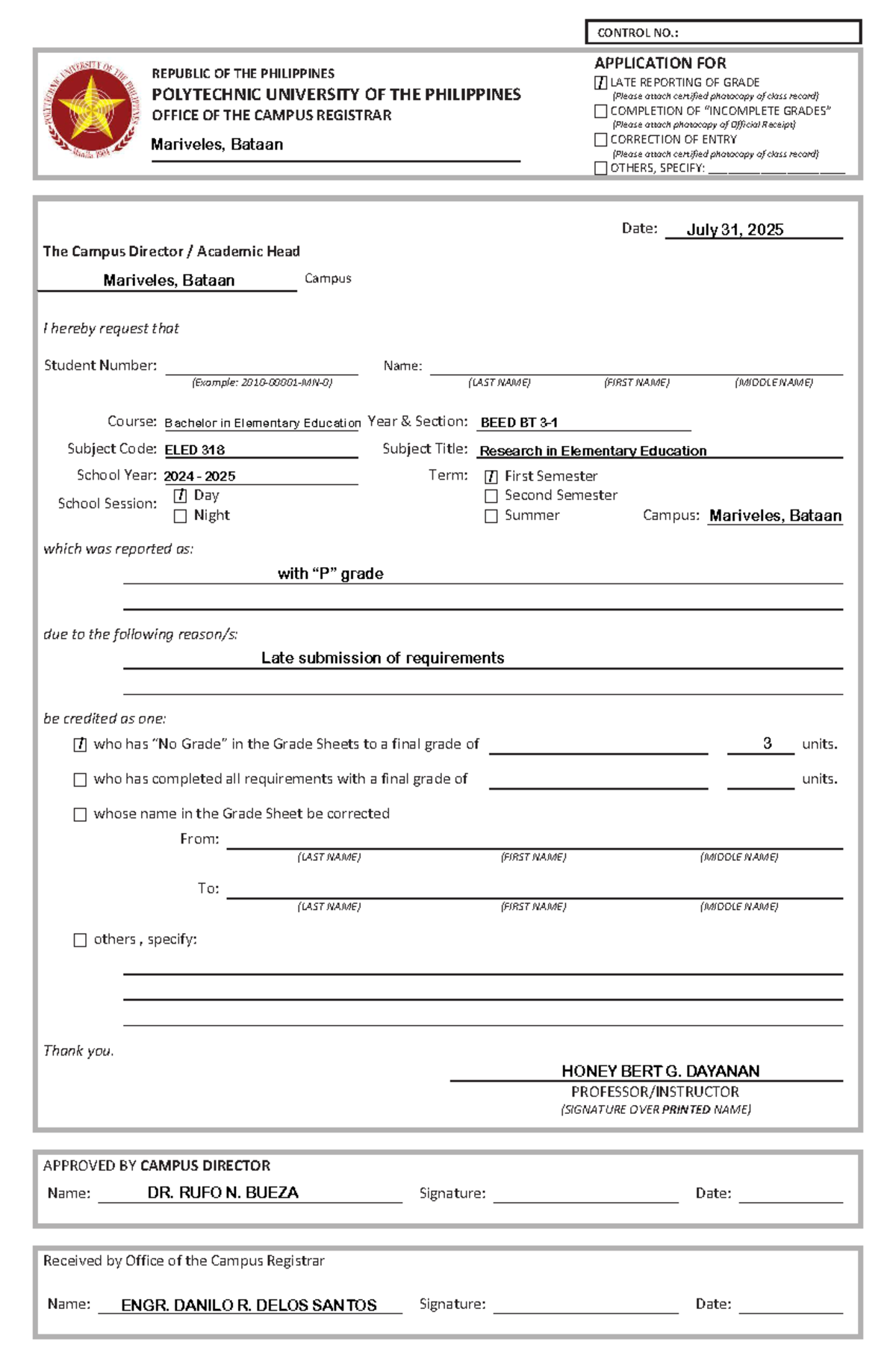 PUP ELED 318 Late Grade Reporting Application Form 2024-2025 - Studocu