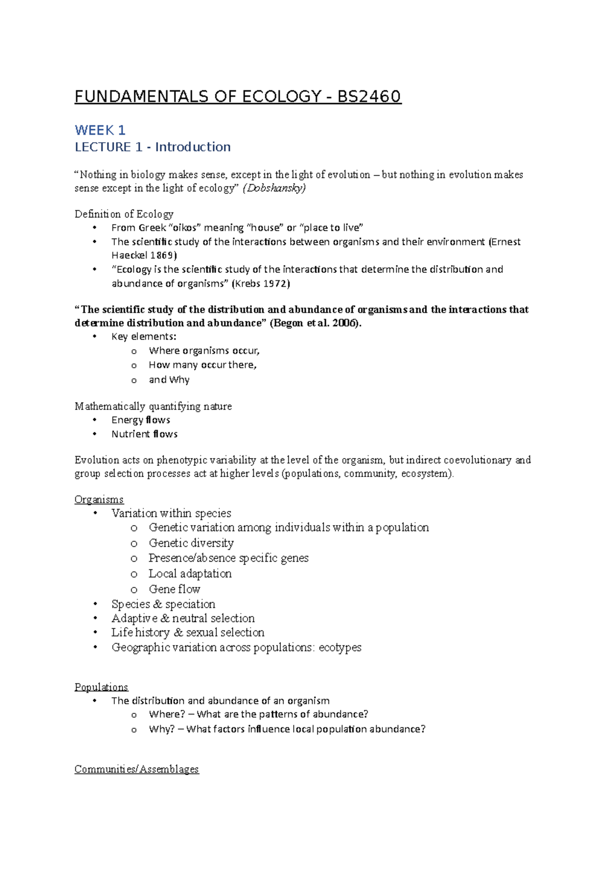 Fundamentals of Ecology Lecture Notes - BS Course Overview - Studocu