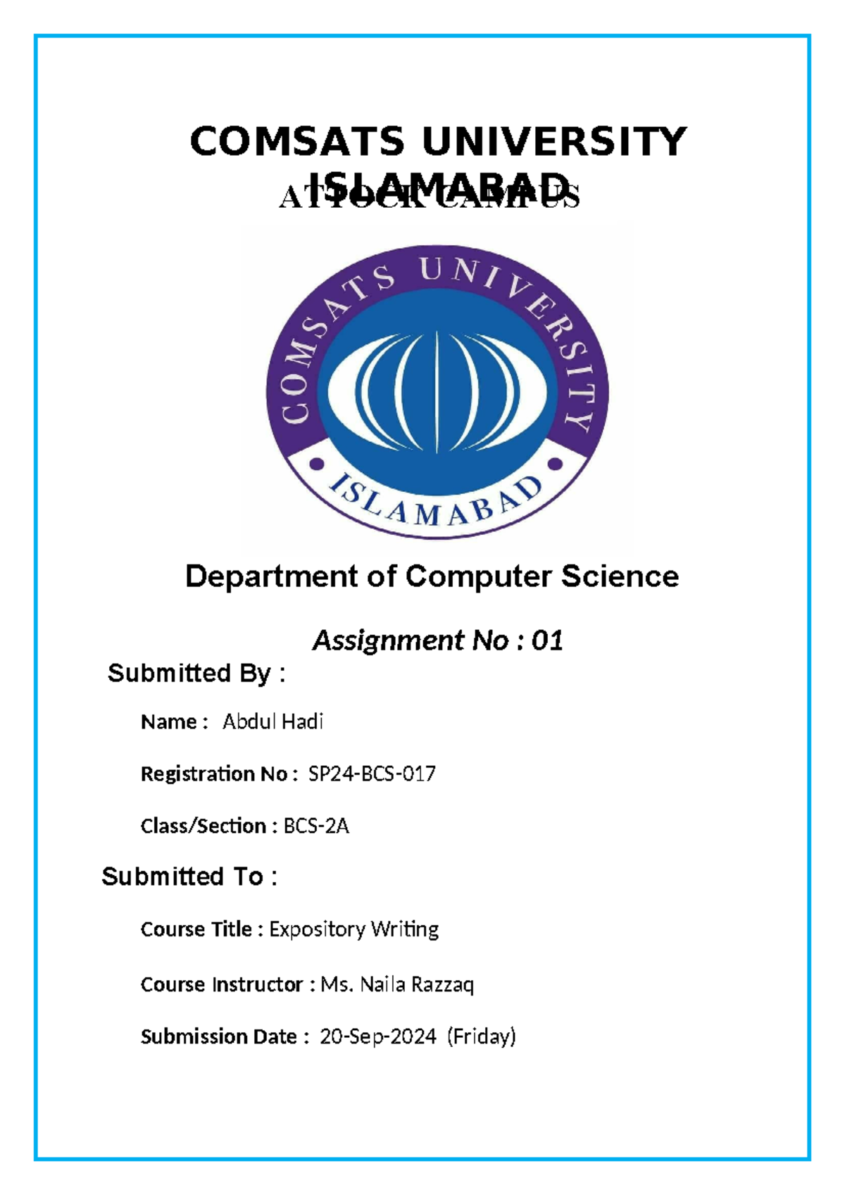COMSATS CS 101: Expository Writing Assignment No. 1 - Studocu