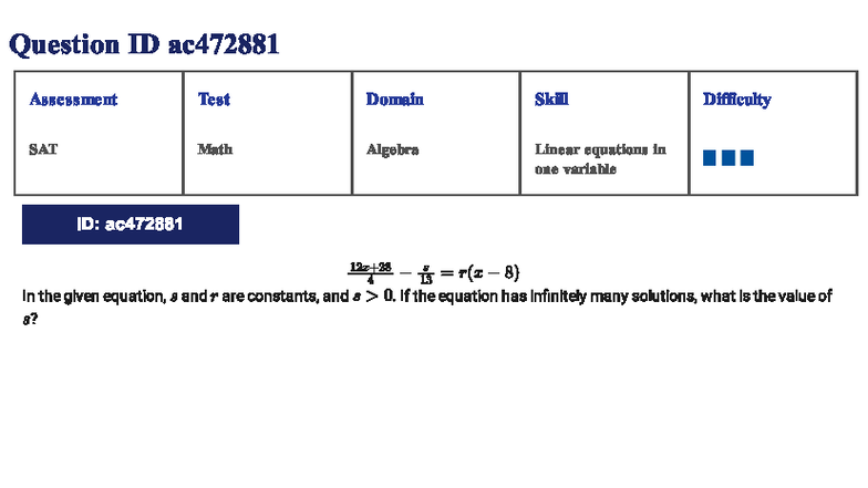 SAT Math Algebra Linear Equations in One Variable Assessment Test - Studocu