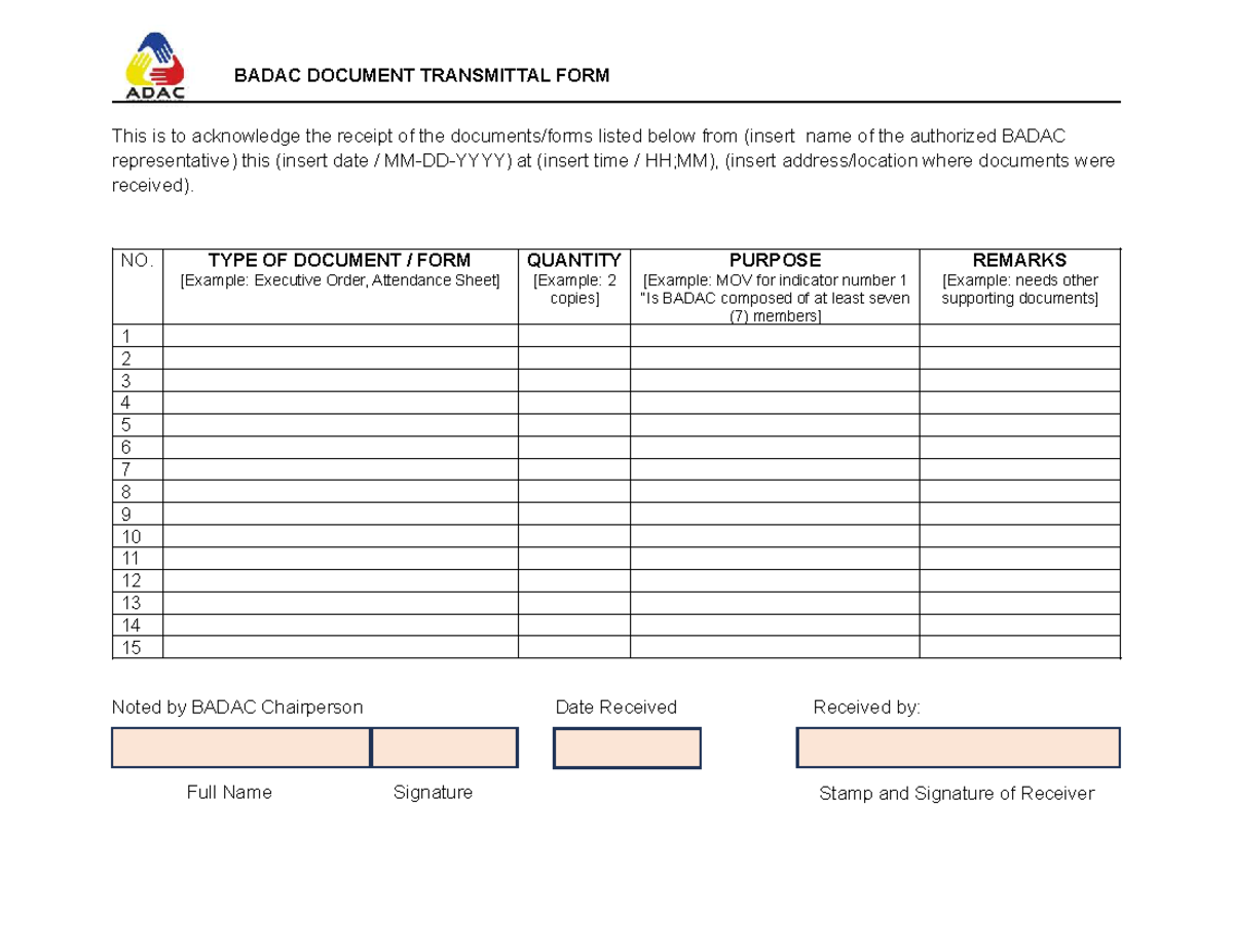Transmittal - Blgu - BADAC DOCUMENT TRANSMITTAL FORM This is to ...