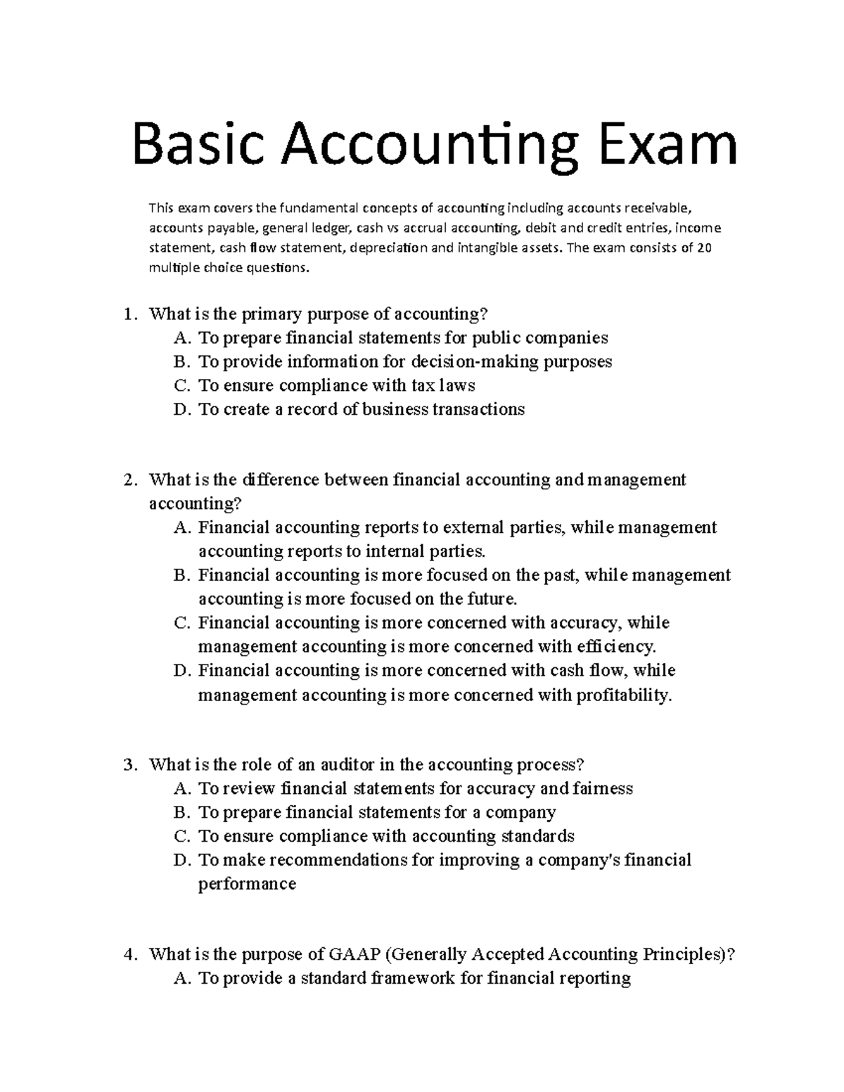 Basic Accounting Exam - Basic Accounting Exam This exam covers the ...
