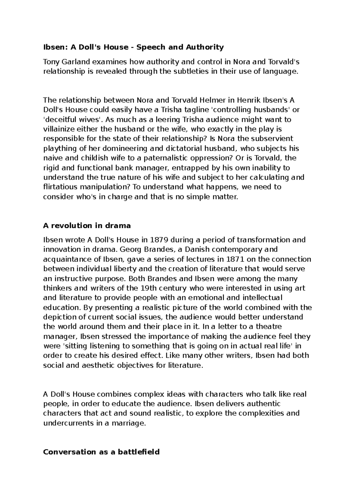 A Doll's House (ENG 101): Authority and Speech Dynamics - Studocu