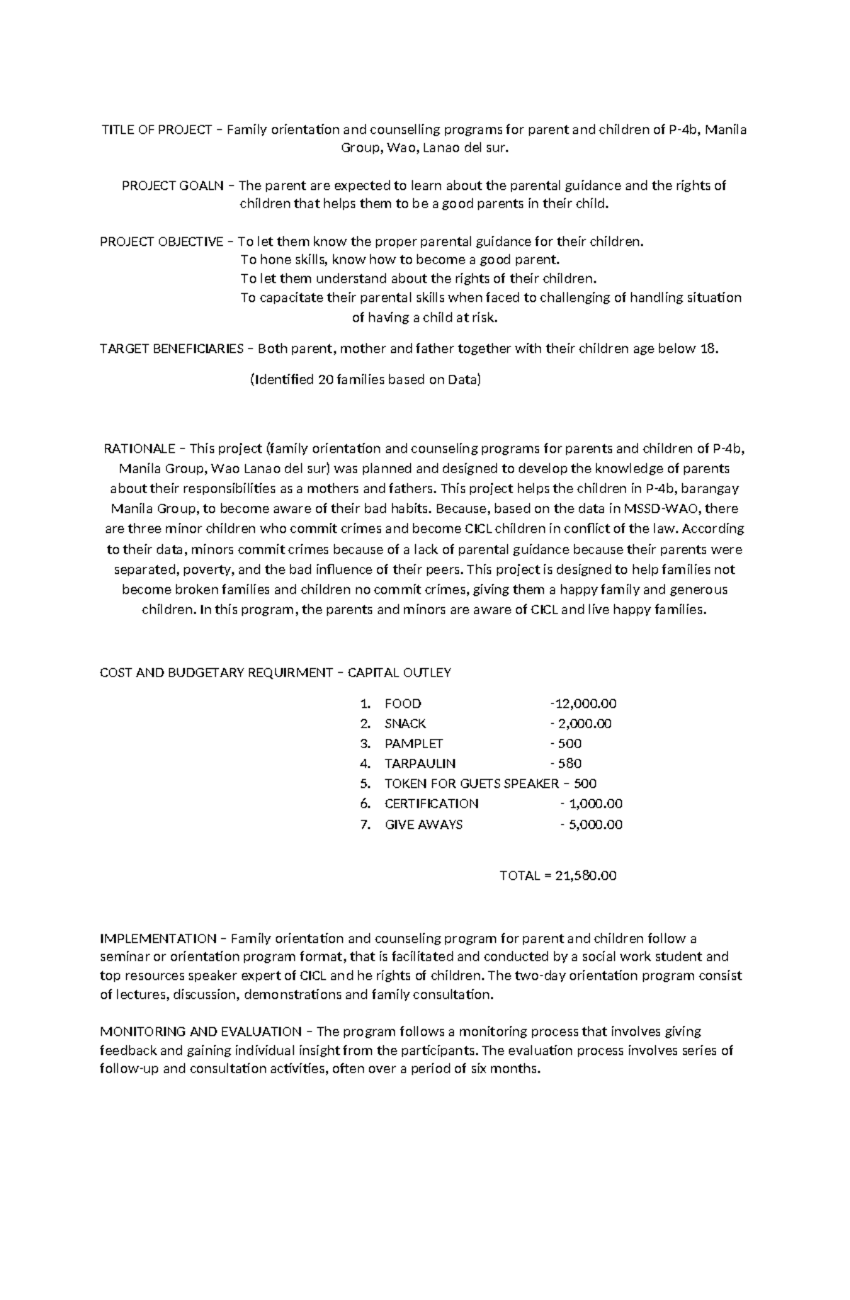 Project Proposal: Family Orientation & Counseling for P-4b Families ...