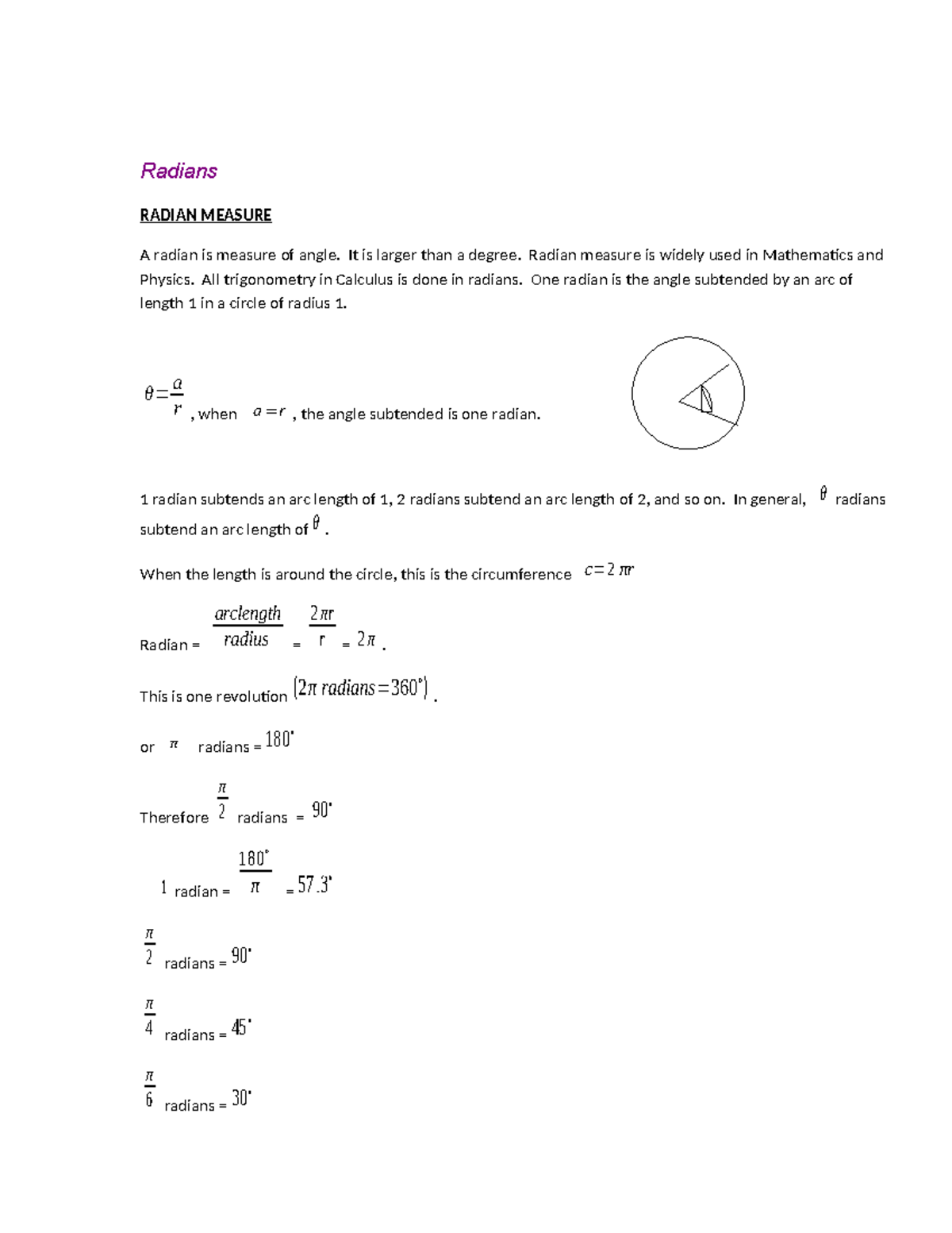 Radian Measure: Understanding Angles in Math & Physics (MATH 101) - Studocu