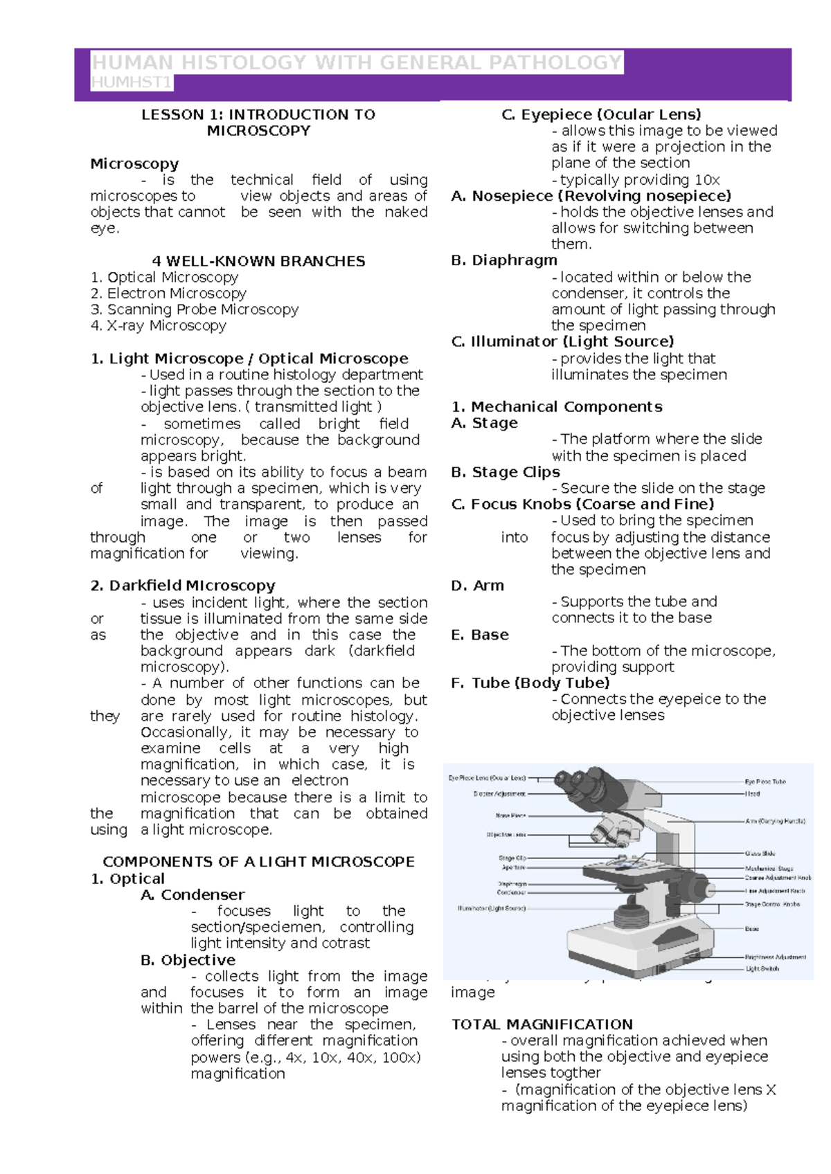 HUMAN HISTOLOGY WITH GENERAL PATHOLOGY HUMHST1 LESSON 1: MICROSCOPY INTRODUCTION - Studocu
