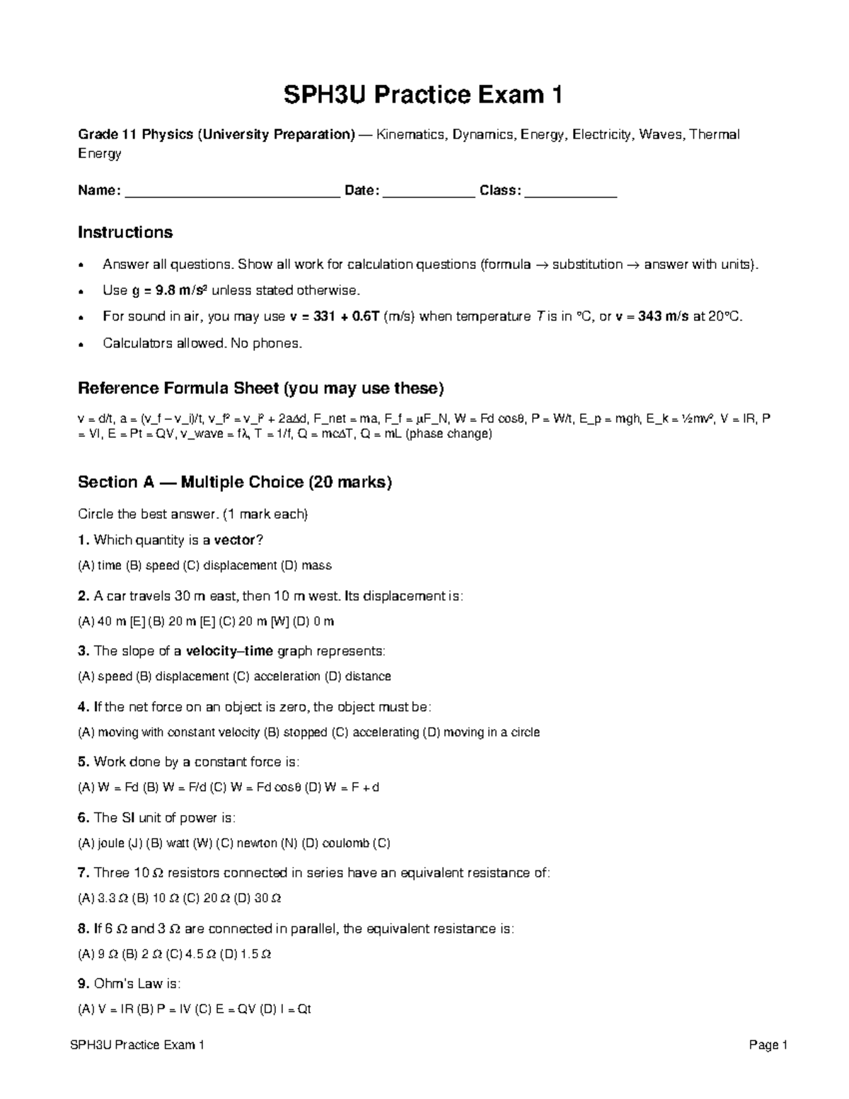 SPH3U Practice Exam 1: Kinematics, Dynamics, Energy & Waves - Studocu