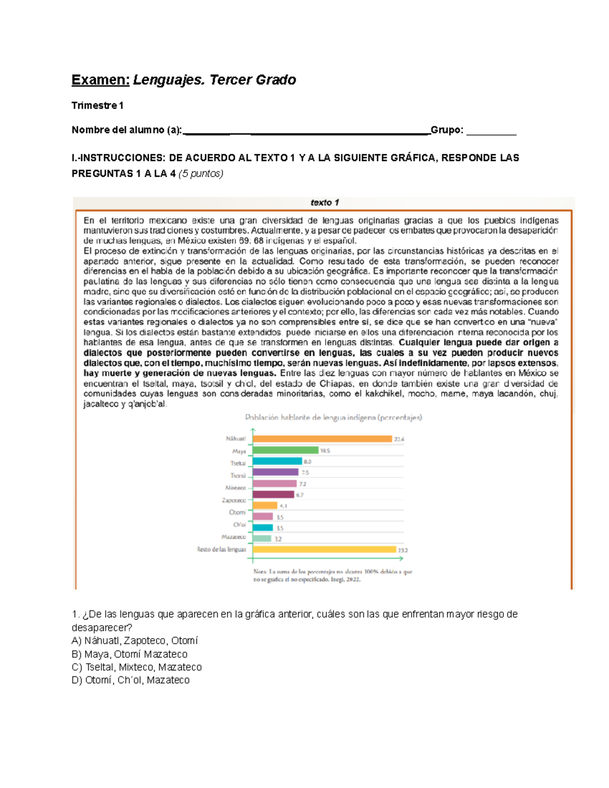 Examen Lenguajes Tercer Grado - Trimestre 1: Instrucciones y Preguntas - Studocu