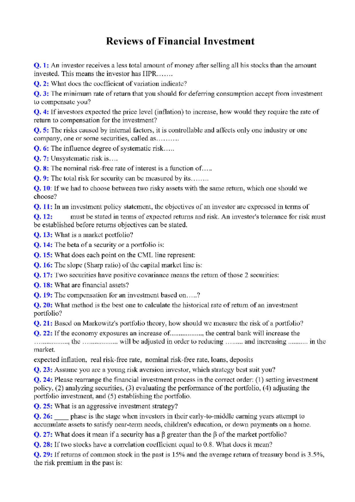 Reviews for Students - Reviews of Financial Investment Q. 1: An ...