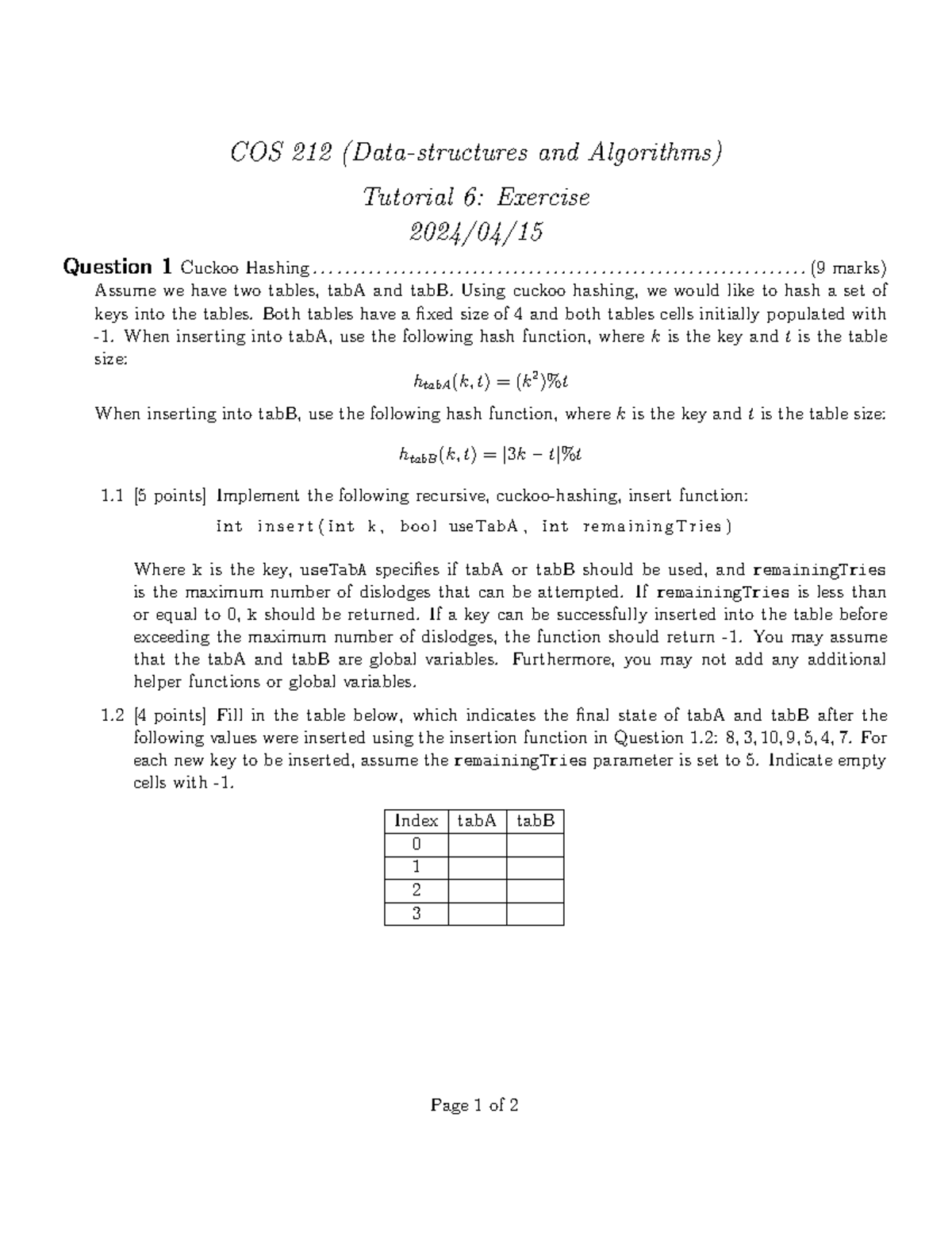 COS 212 Tutorial 6: Cuckoo Hashing Exercise Questions and Solutions ...