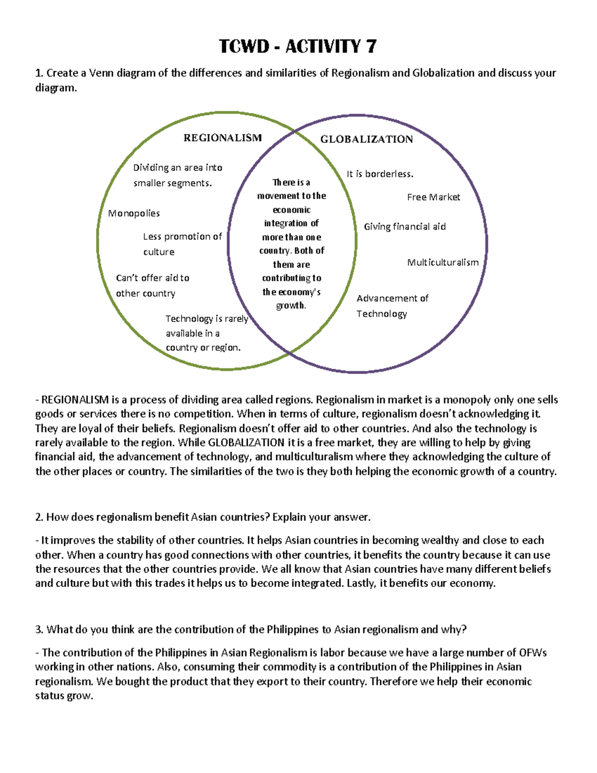 TCWD - Examining Regionalism vs. Globalization in Asia - Studocu