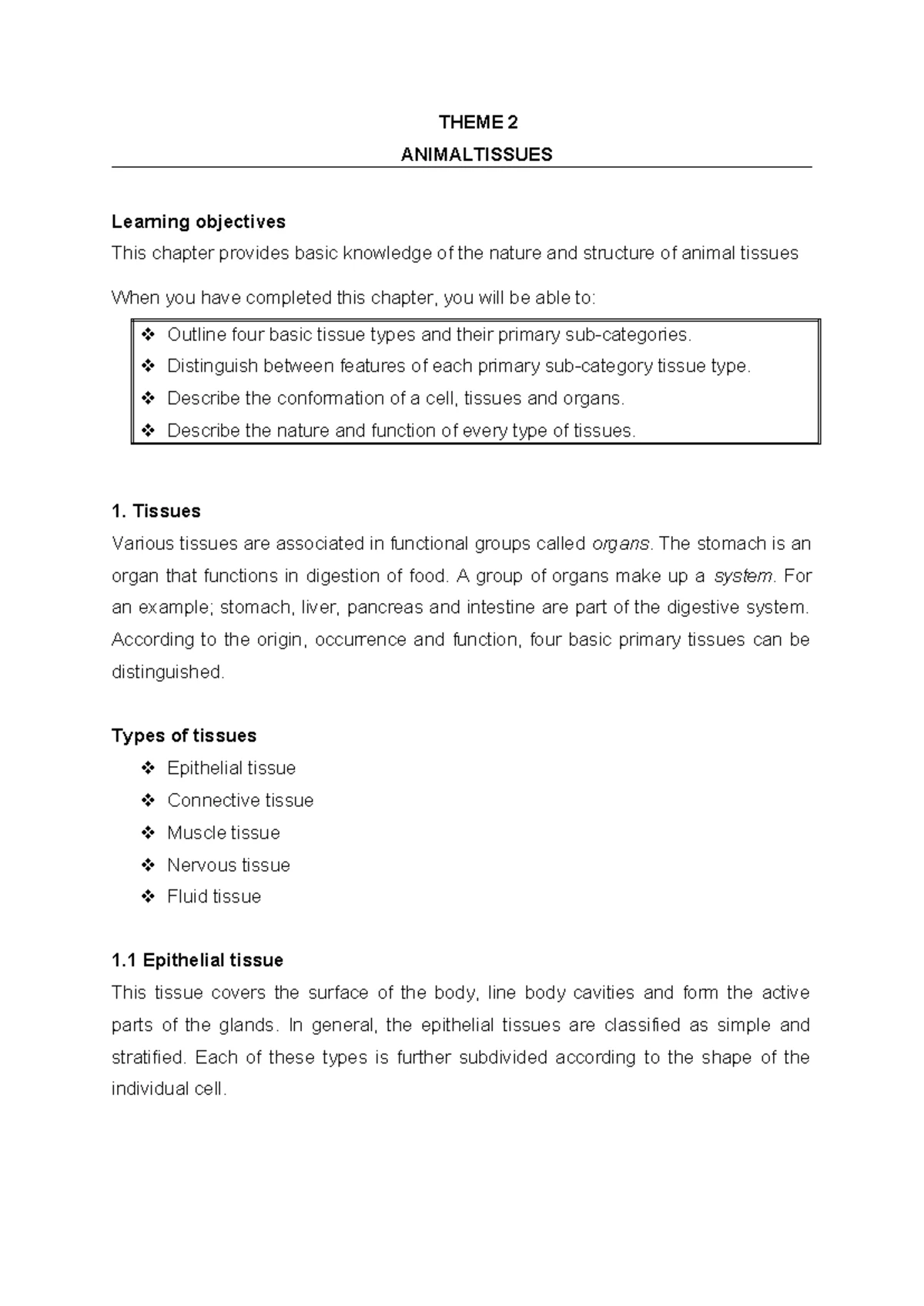 Theme 2 Animal Physiology: Understanding Animal Tissues 022025 - Studocu