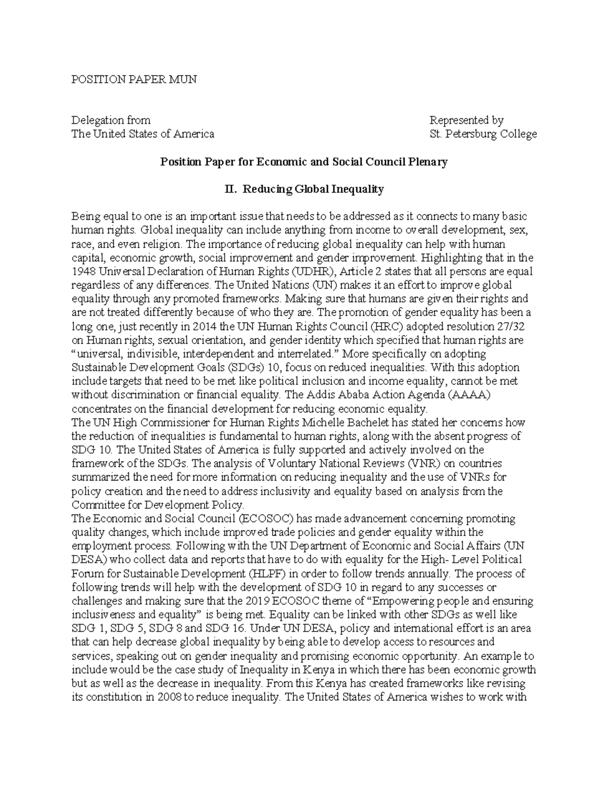 Position Paper MUN: Reducing Global Inequality - USA Delegate - Studocu