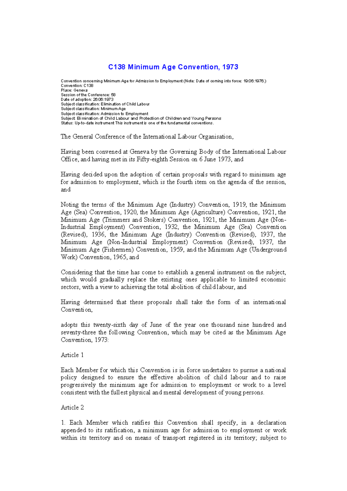 C138 Minimum Age Convention, 1973: Key Provisions and Impacts - Studocu