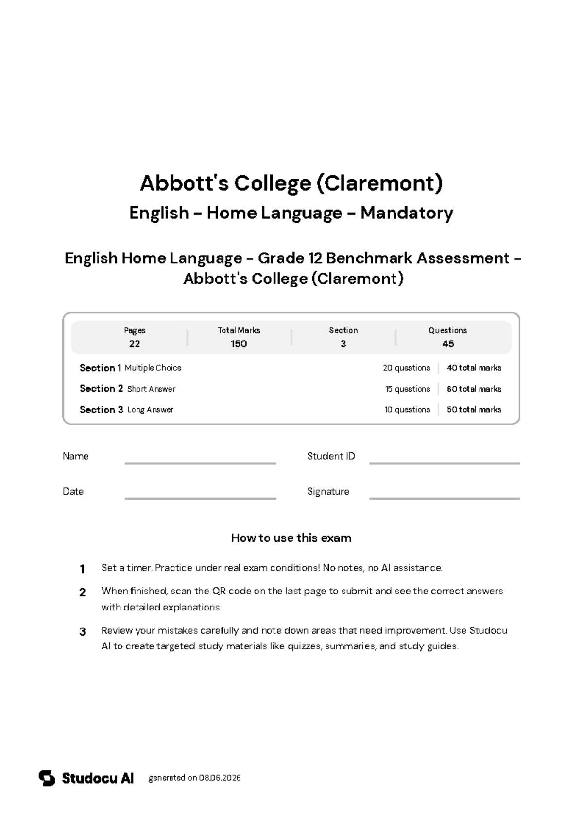 Grade 12 English Home Language Benchmark Assessment - Studocu