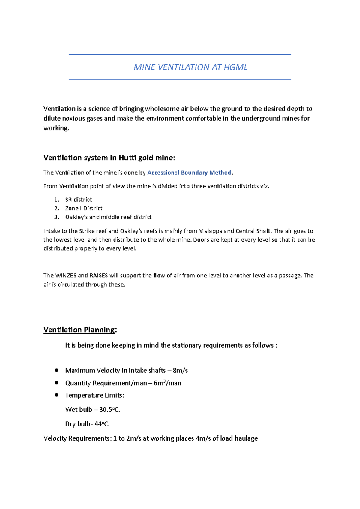 MINE VENTILATION SYSTEMS AT HGML: A Comprehensive Overview - Studocu