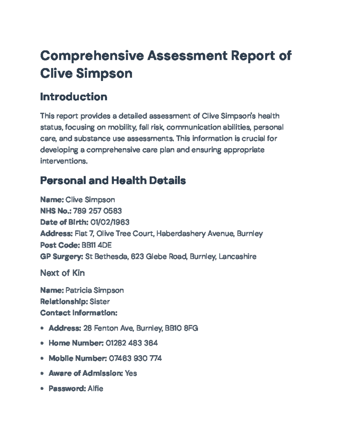 Comprehensive Health Assessment Report for Clive Simpson (NHS 789 257 ...