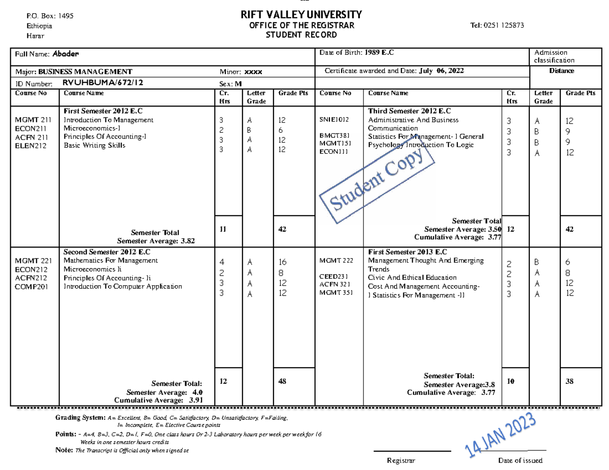 Student Transcript Summary for Business Management (MGMT) - Studocu