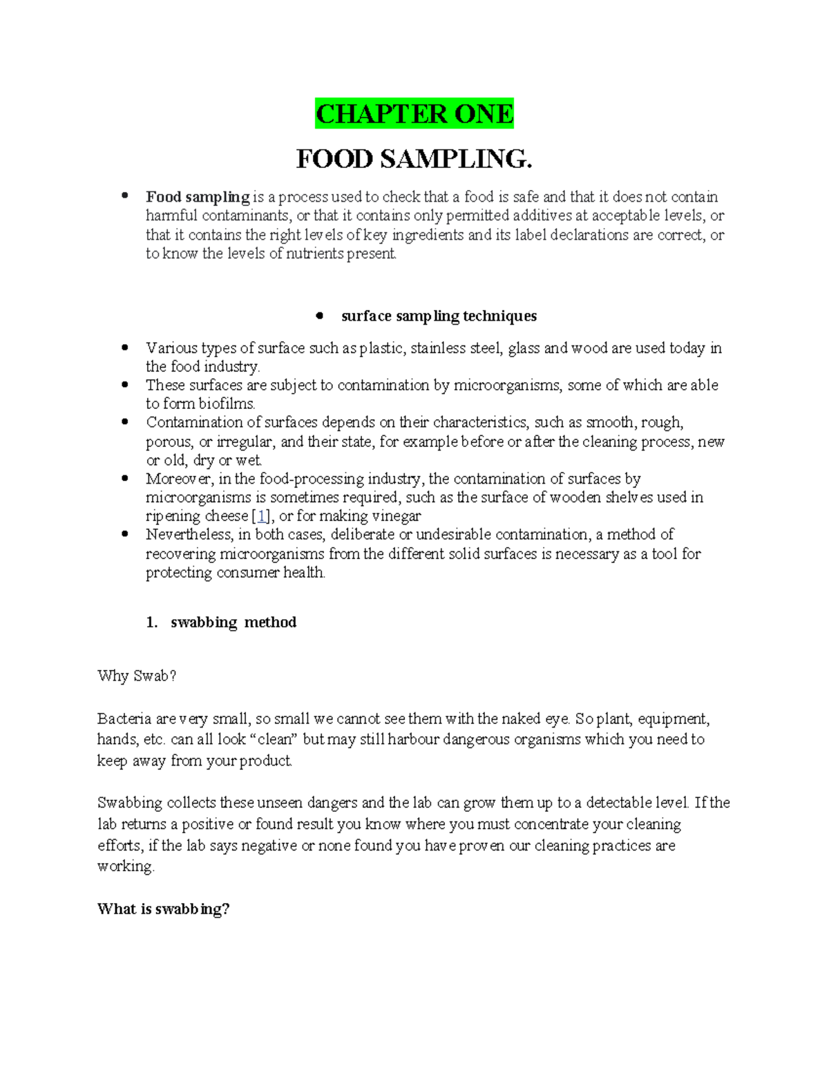 food micro lecture notes - CHAPTER ONE FOOD SAMPLING. Food sampling is ...