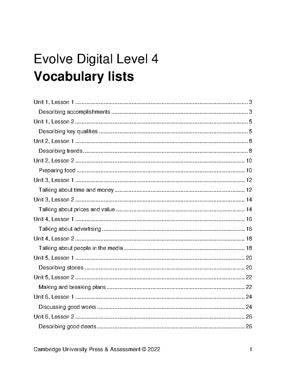Evolve Digital Level 4 Vocabulary Lists: Units 1-12 Lessons Overview - Studocu