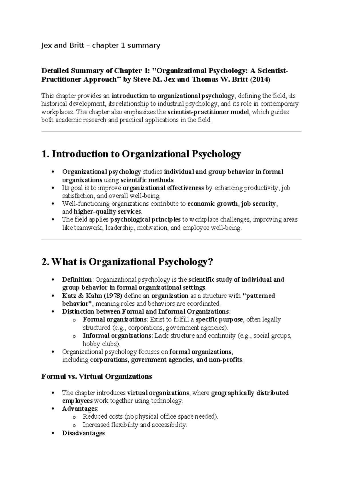 Jex and Britt PSY 101 Chapter 1 Summary: Intro to Organizational Psychology - Studocu