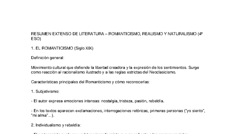 Resumen Extenso de Literatura: Romanticismo, Realismo y Naturalismo (4º ...