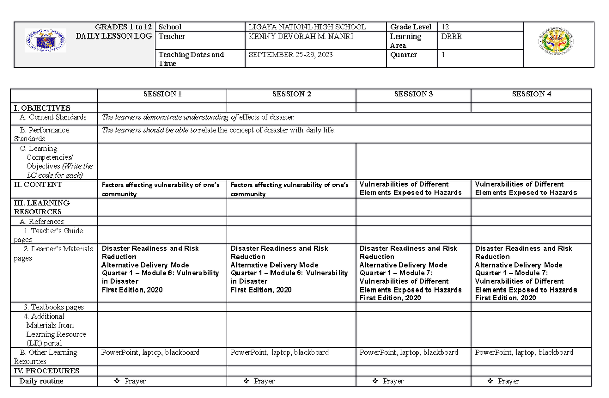 Grade 12 DRRM - Daily Lesson Log for First Quarter Week 3 - Studocu