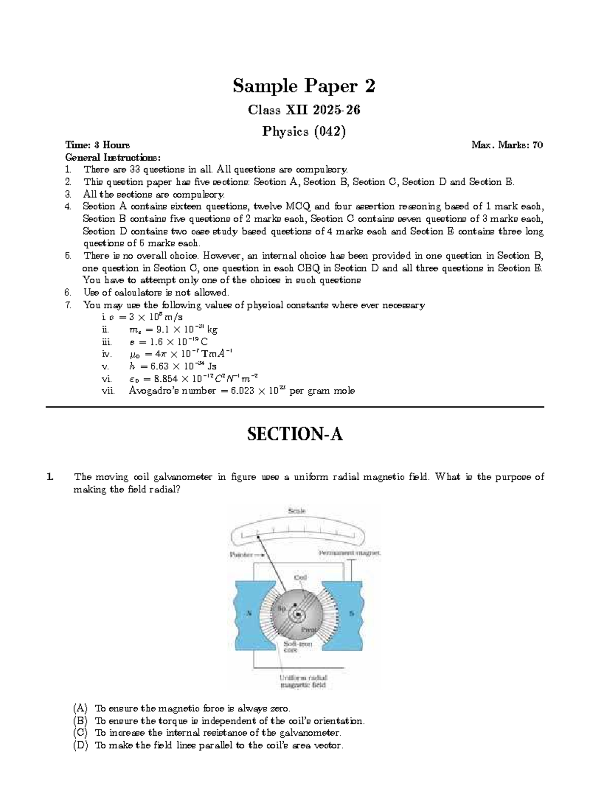 Sample Paper 2 for Class XII Physics (042) - 2026 Exam - Studocu