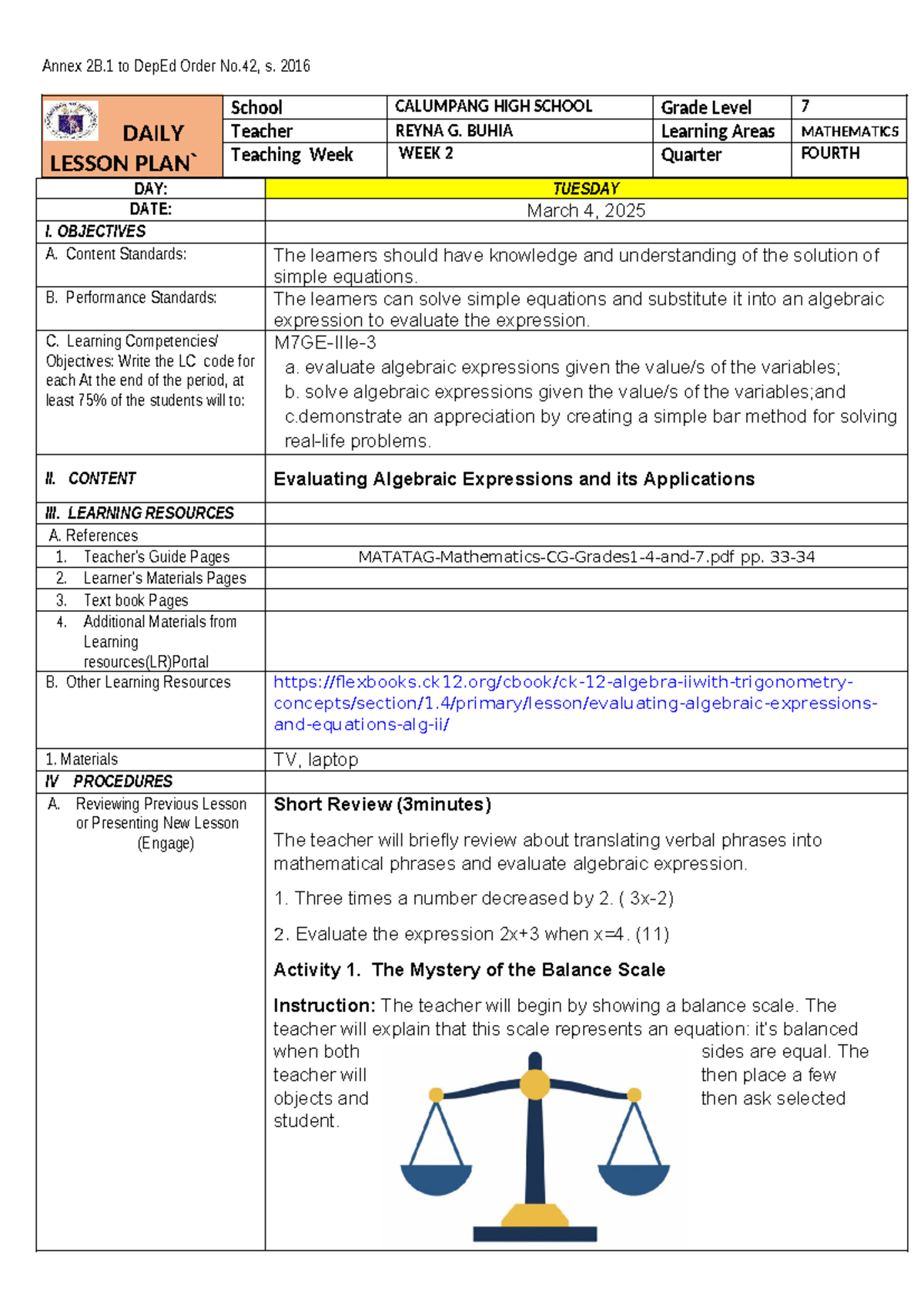 Cot3 - MATH7 Lesson Plan for Evaluating Algebraic Expressions - Studocu
