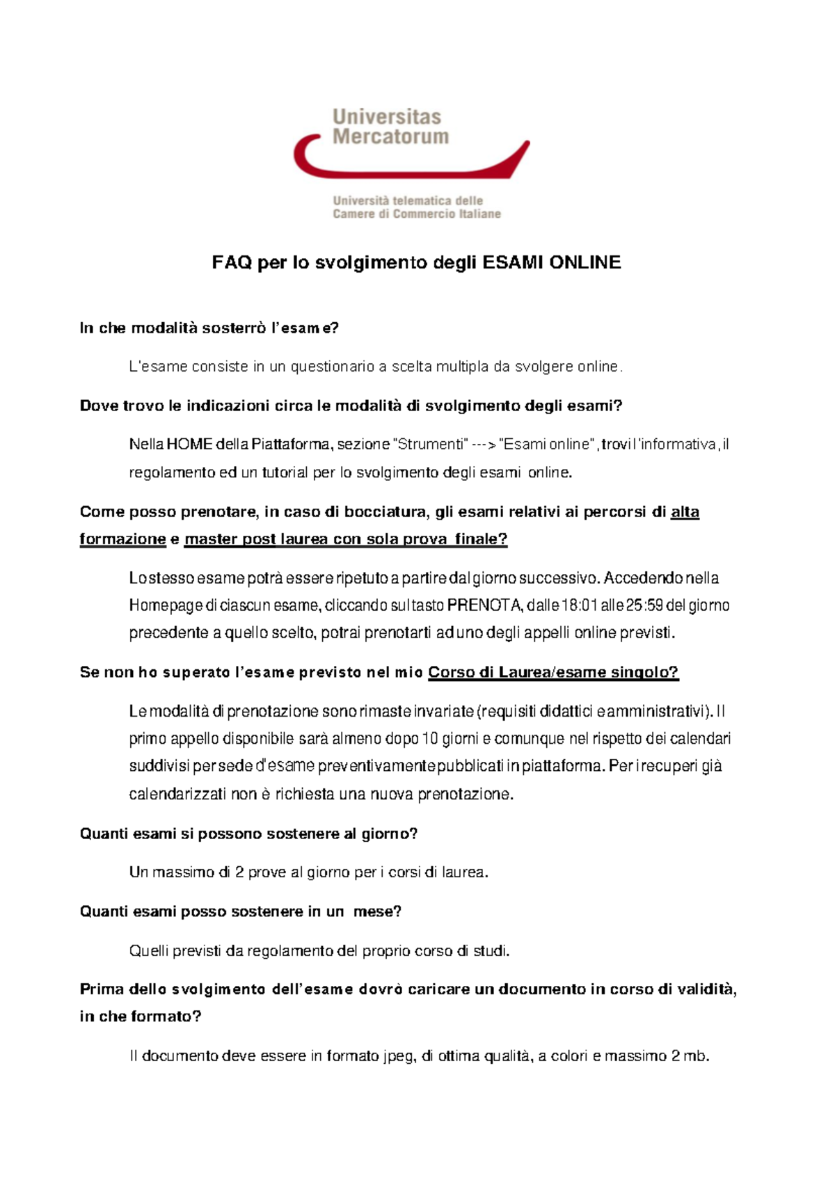 FAQ Esami Online Mercatorum: Guida Completa alle Modalità d'Esame - Studocu
