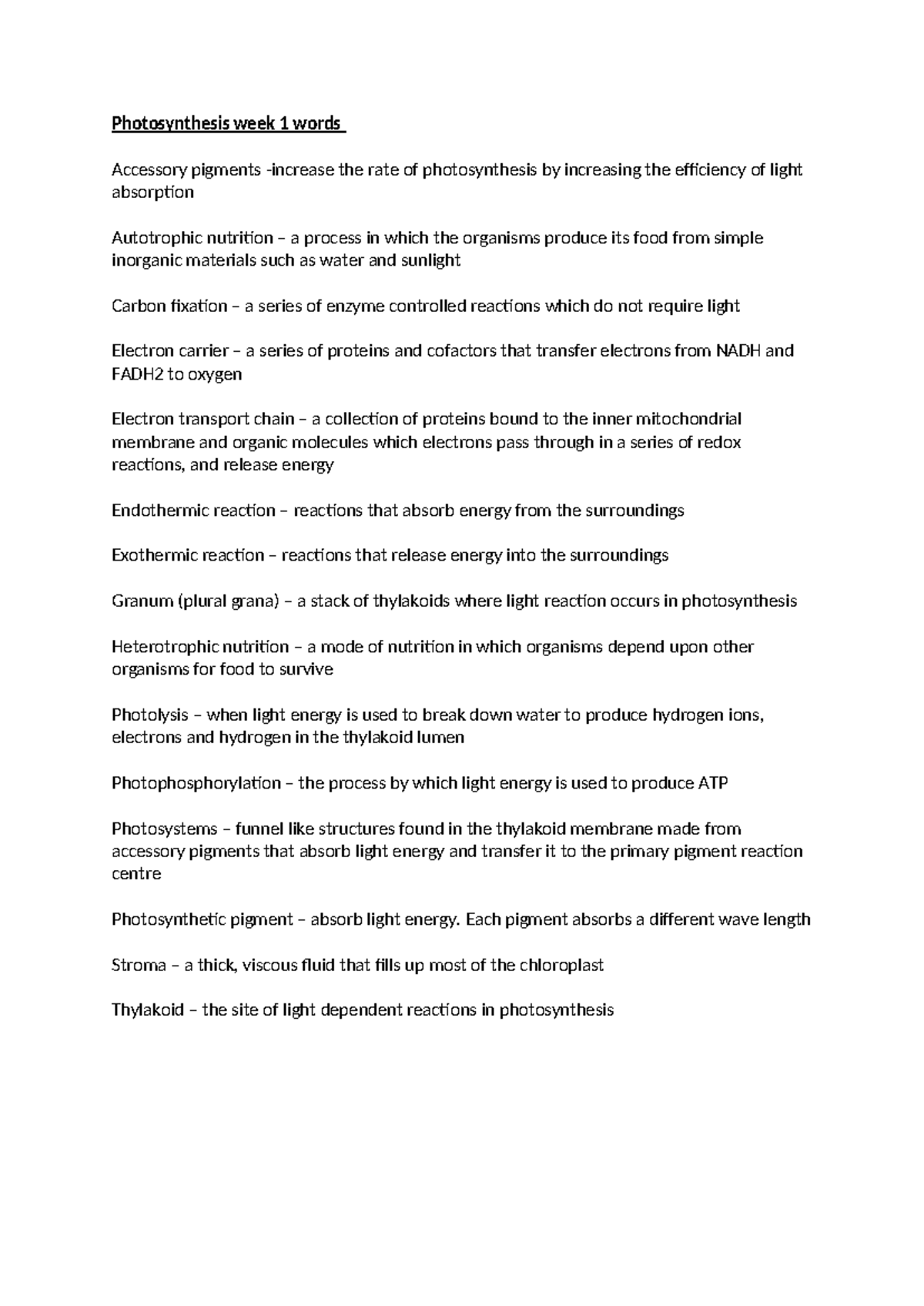 Photosynthesis Vocabulary Glossary for Week 1 - Key Terms Explained ...