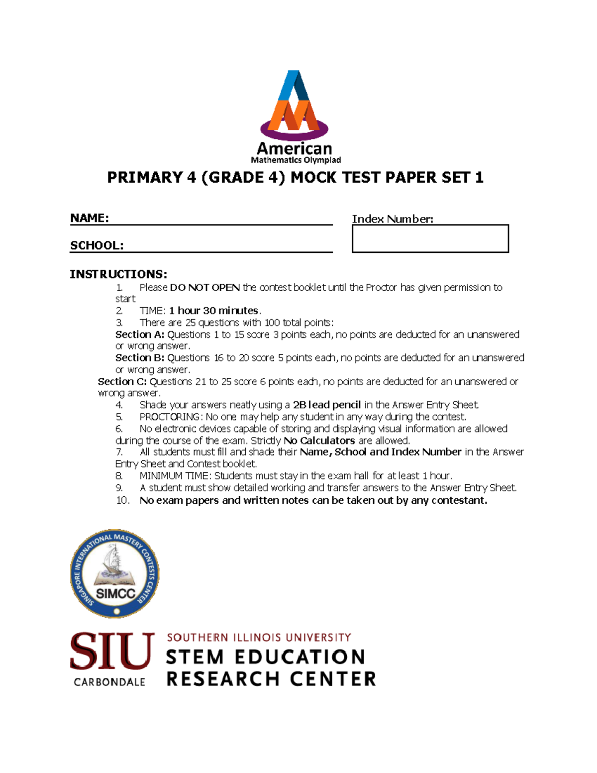PRIMARY 4 (GRADE 4) MOCK TEST PAPER SET 1 - AMO MOCK UP - Studocu