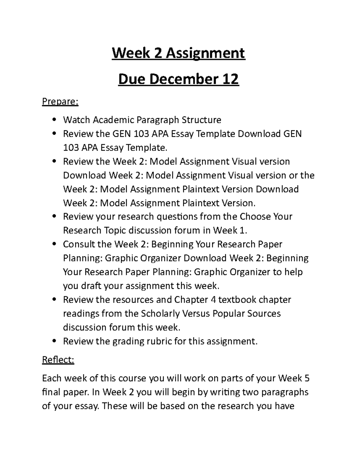 Week 2 Assignment - Week 2 Assignment Due December 12 Prepare: Watch ...