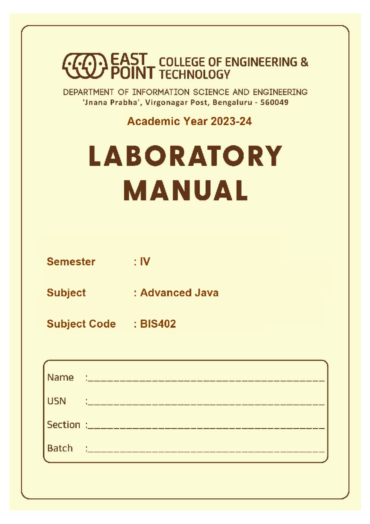 Advanced JAVA Laboratory Manual (BCS306A) - Experiments & Outcomes ...