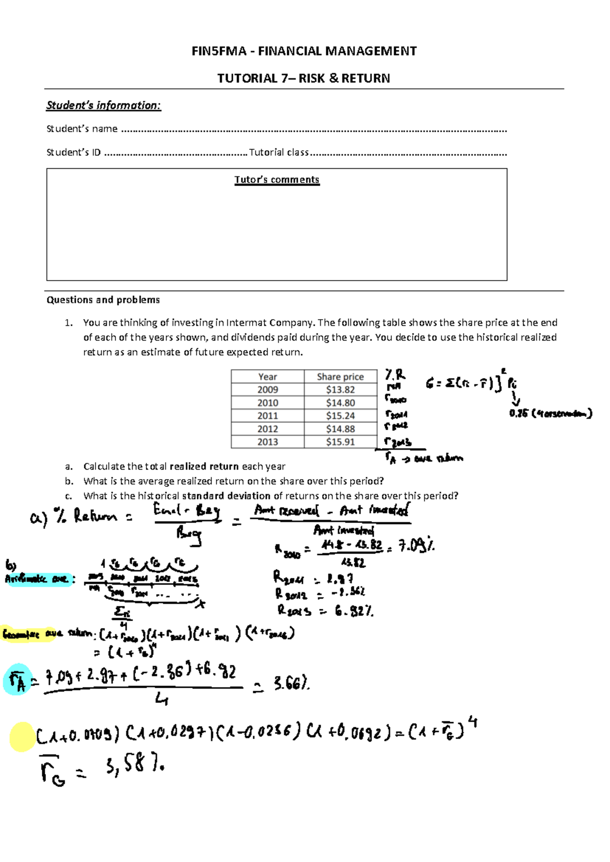 FIN5FMA - Tutorial 7: Risk & Return Analysis Using CAPM - Studocu