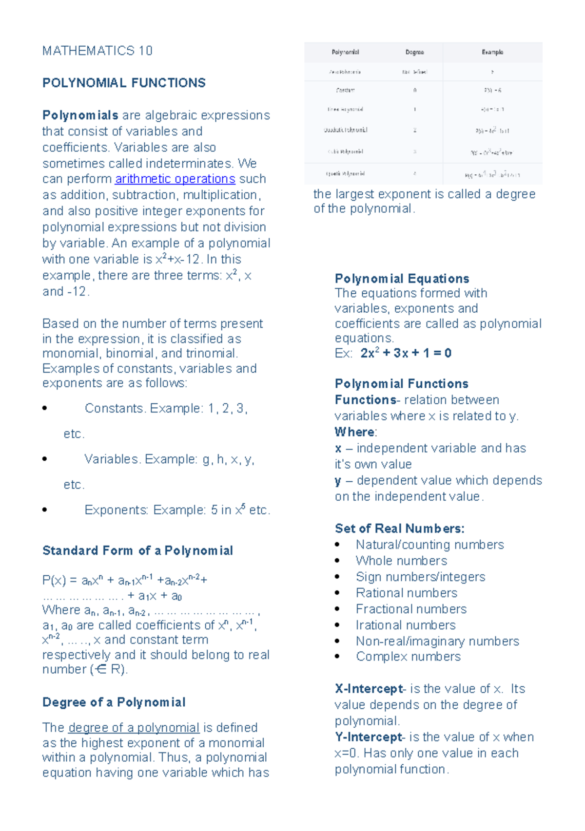 Mathematics 10 Reviewer on Polynomial Functions (2Q) - Studocu