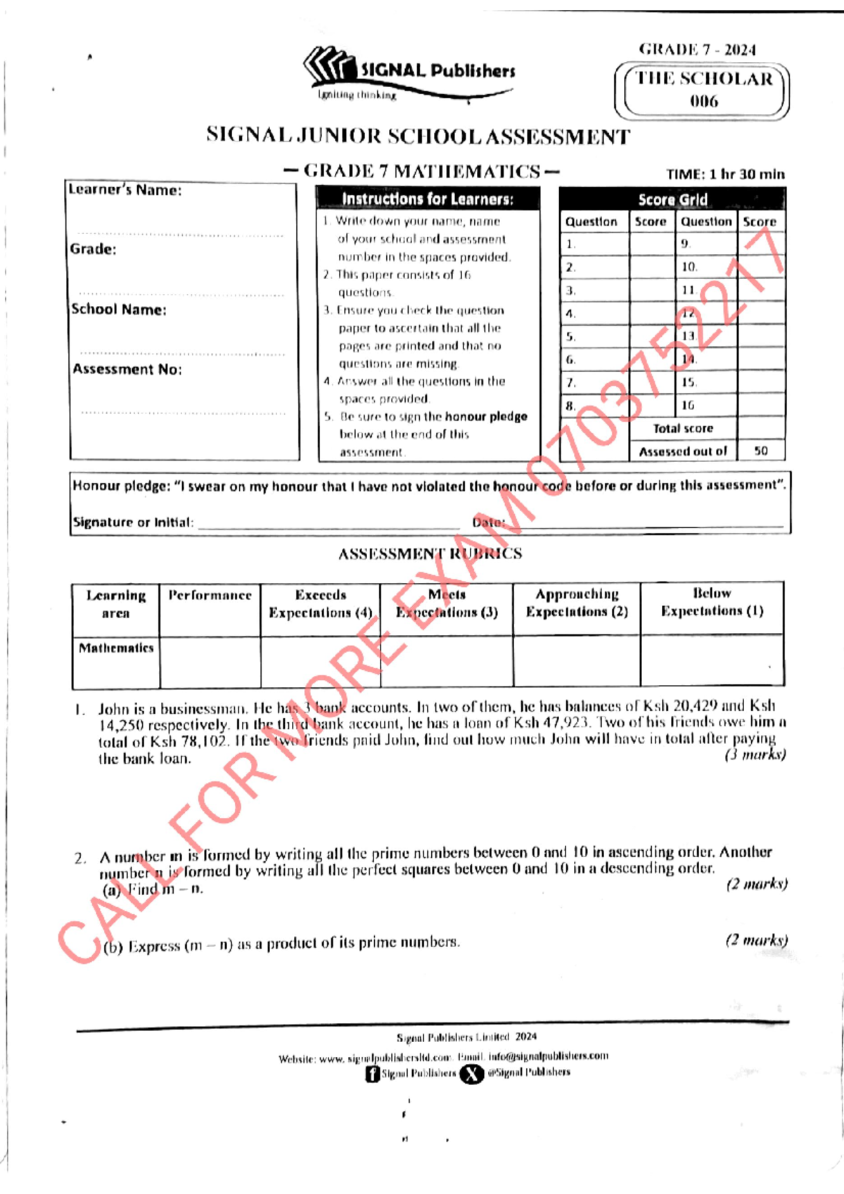 Grade 7 Maths Assessment 006 - Signal Junior School 2024 - Studocu