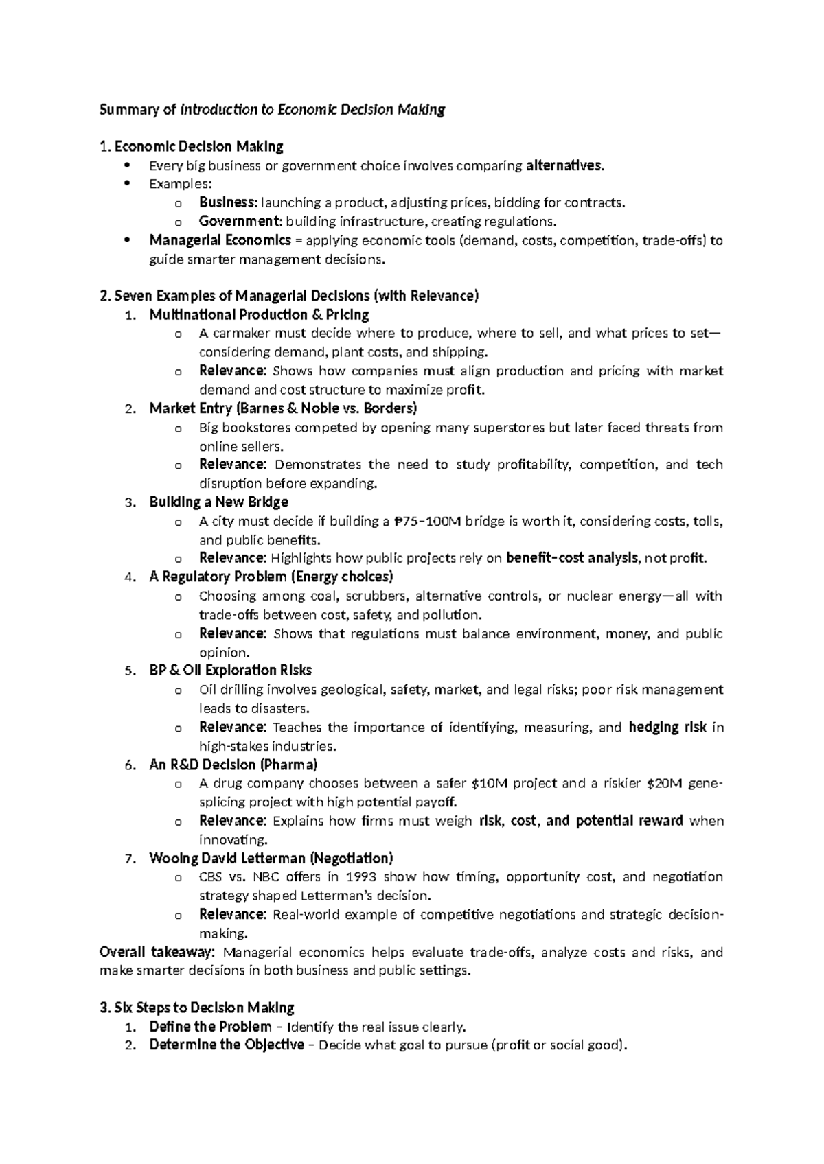 Summary of Economic Decision Making: Key Concepts & Examples - Studocu